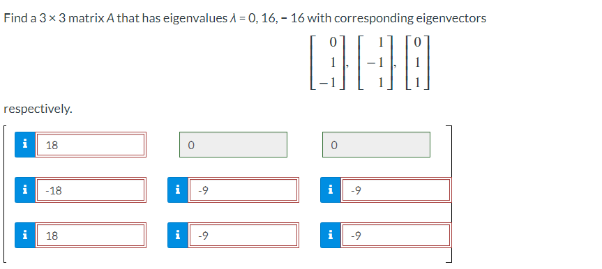 Solved Find a 3×3 ﻿matrix A that has eigenvalues λ=0,16,-16 | Chegg.com