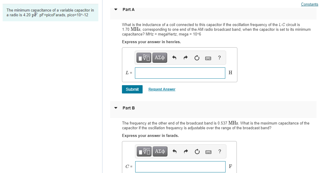 Solved Constants Part A The minimum capacitance of a | Chegg.com