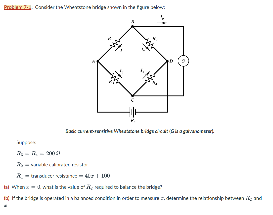 Solved Problem 7-1: Consider the Wheatstone bridge shown in | Chegg.com Solved Problem 7-1: Consider the Wheatstone bridge shown in | Chegg.com