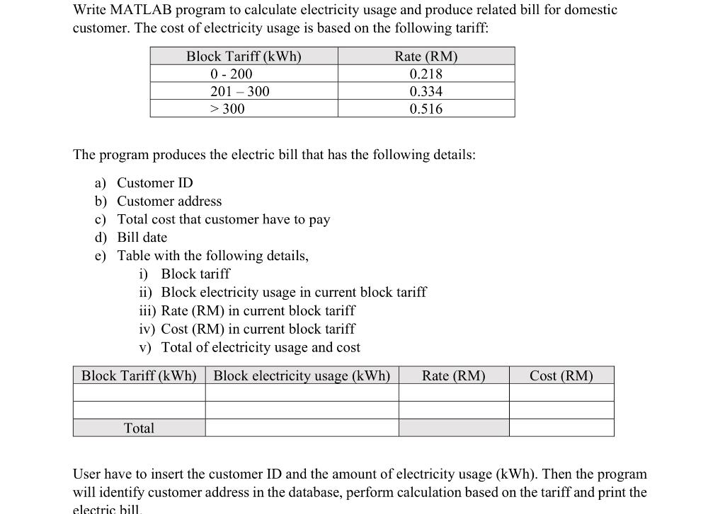 Solved Write MATLAB program to calculate electricity usage | Chegg.com