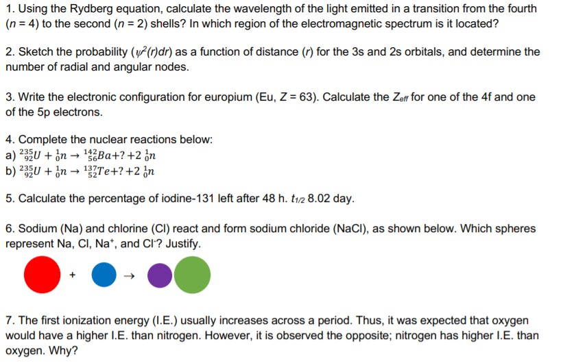 Solved 1. Using the Rydberg equation, calculate the | Chegg.com