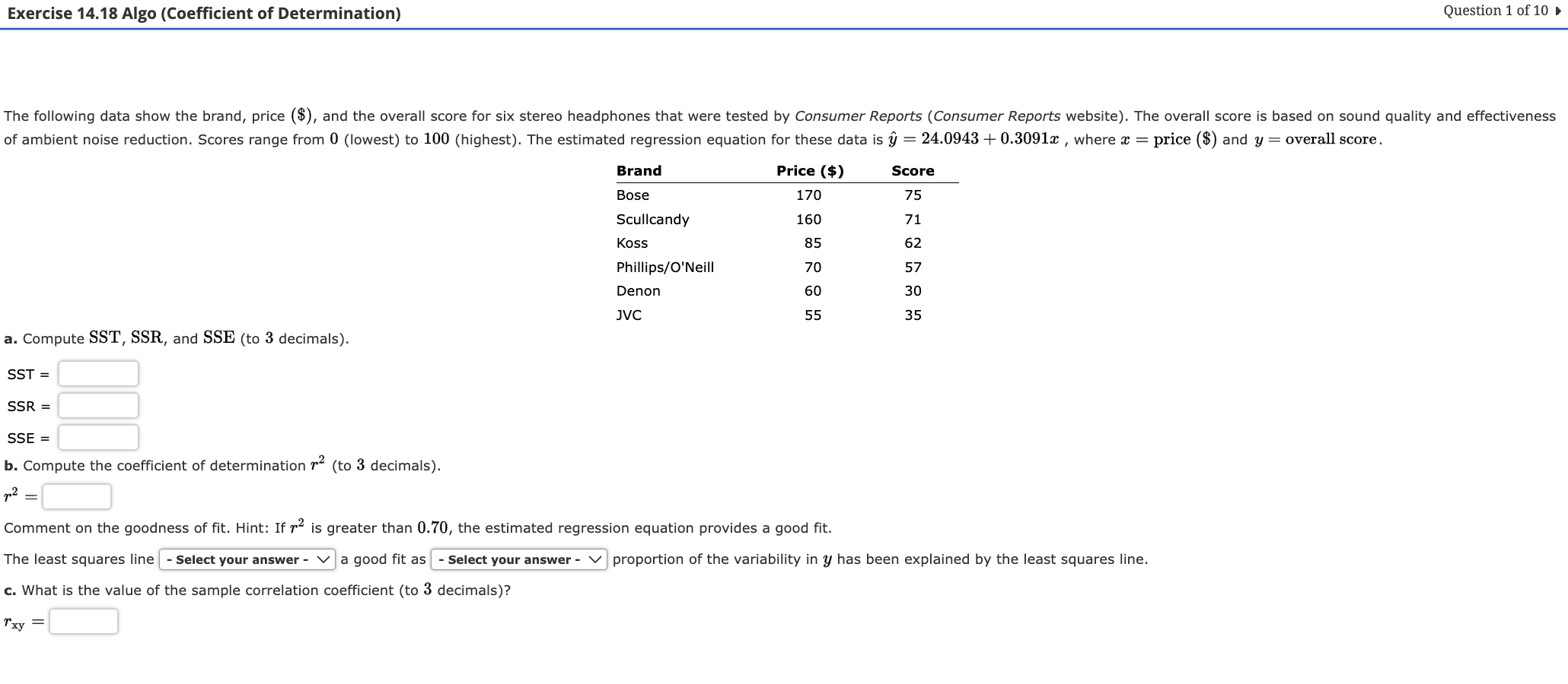 Solved A Compute Sst Ssr And Sse To 3 Decimals Sst