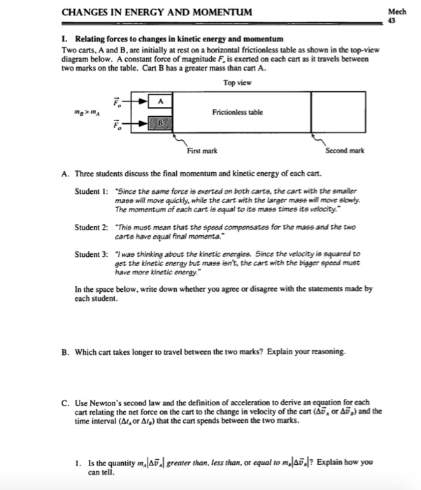 Solved CHANGES IN ENERGY AND MOMENTUM Mech 43 I. Relating | Chegg.com