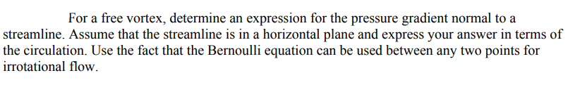 Solved For a free vortex, determine an expression for the | Chegg.com