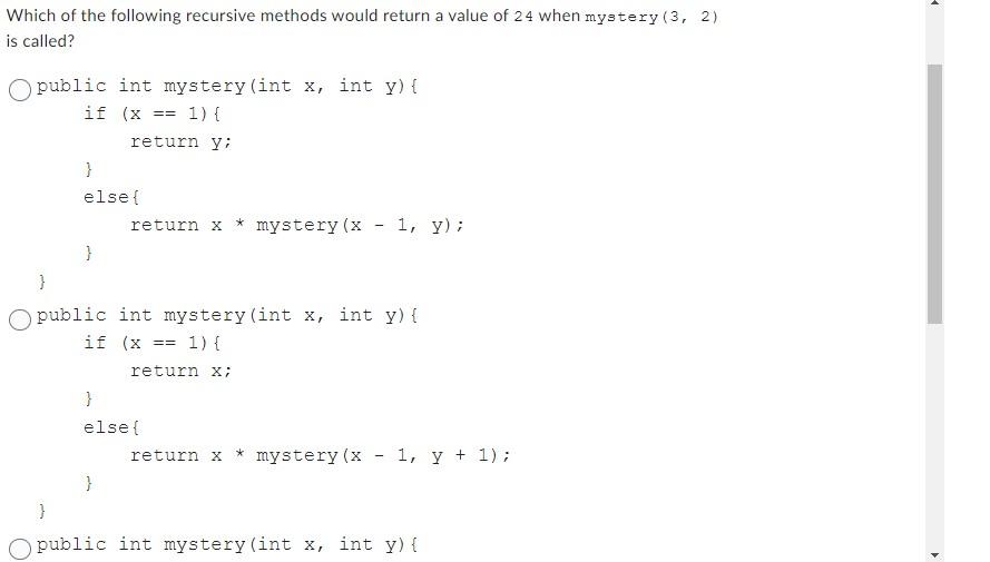 Solved Which of the following recursive methods would return | Chegg.com