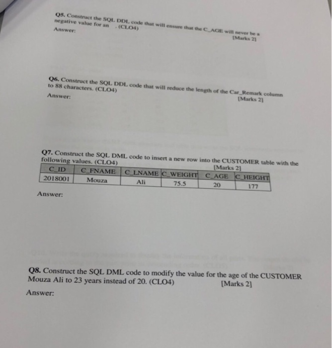 Solved QS. Construct the SQL. DDL code that will ensure that | Chegg.com