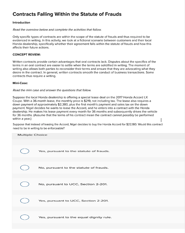 Solved Contracts Falling Within the Statute of Frauds | Chegg.com