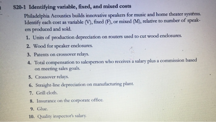Solved S20-1 Identifying variable, fixed, and mixed costs | Chegg.com