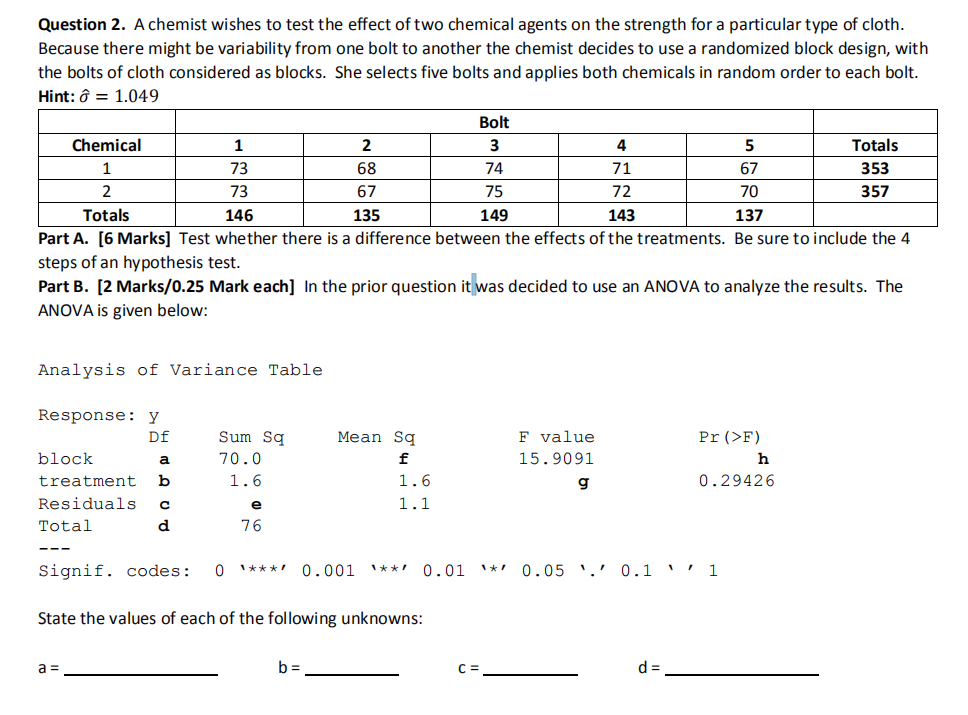 Solved Question 2. A chemist wishes to test the effect of | Chegg.com