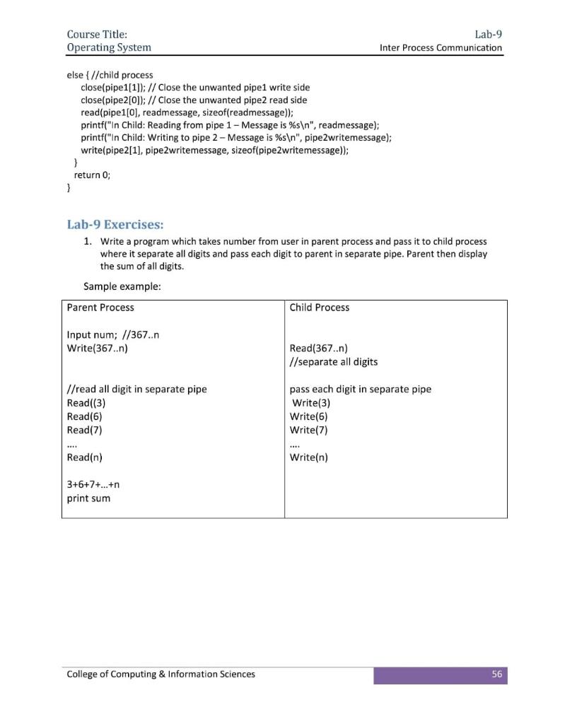 Course Title: Operating System Lab-9 Inter Process | Chegg.com