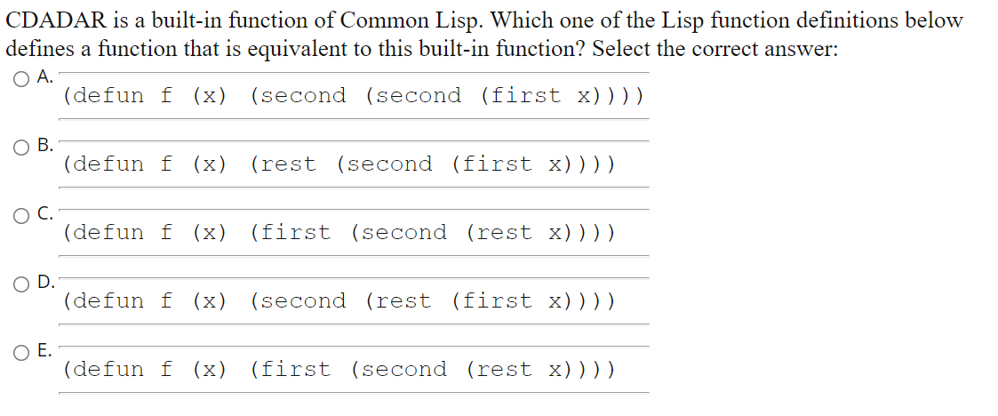 Solved Suppose that E is a LISP variable whose value is (A | Chegg.com