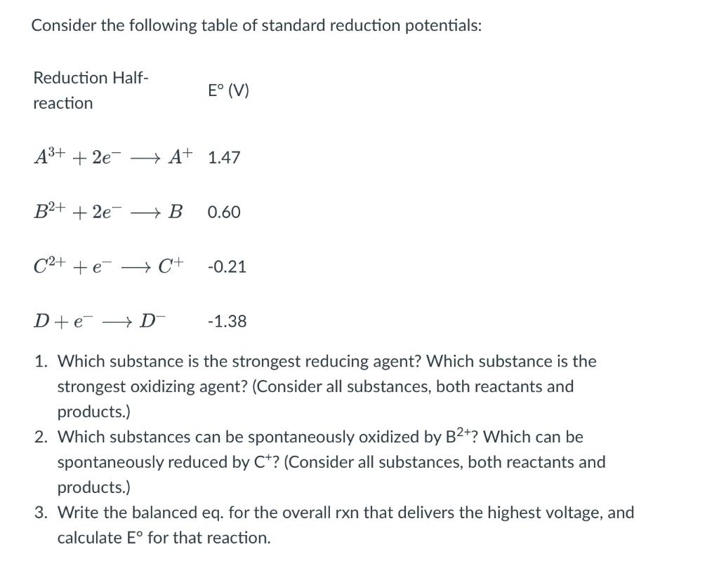 Solved Consider the following table of standard reduction | Chegg.com