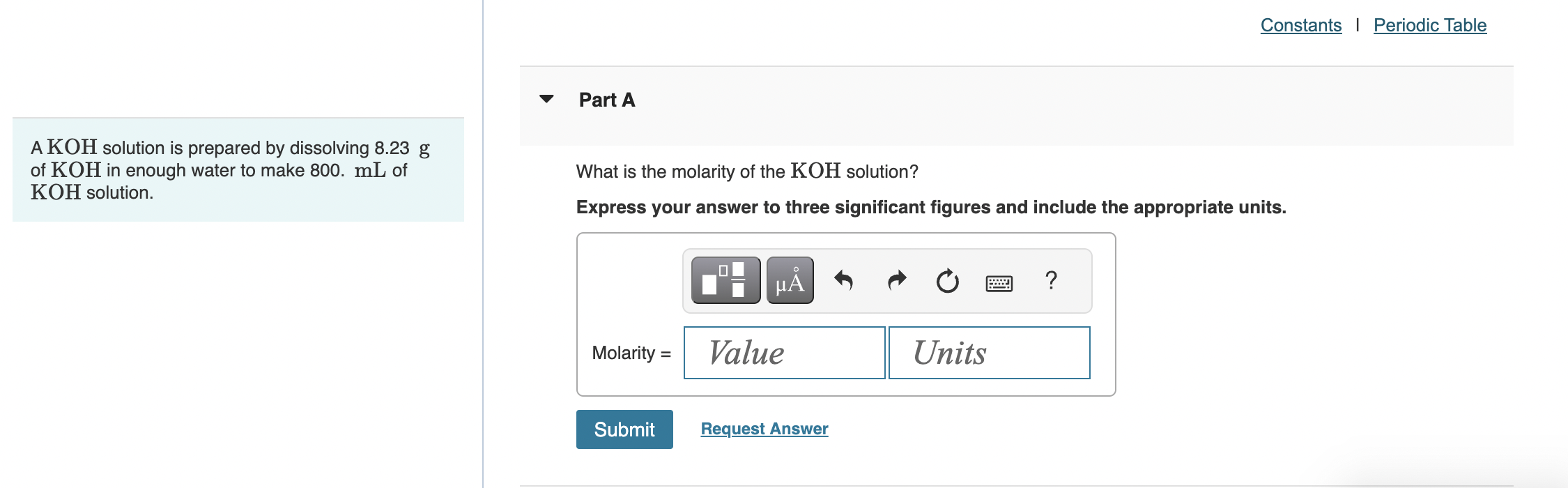 Solved A KOH solution is prepared by dissolving 8.23 g of | Chegg.com