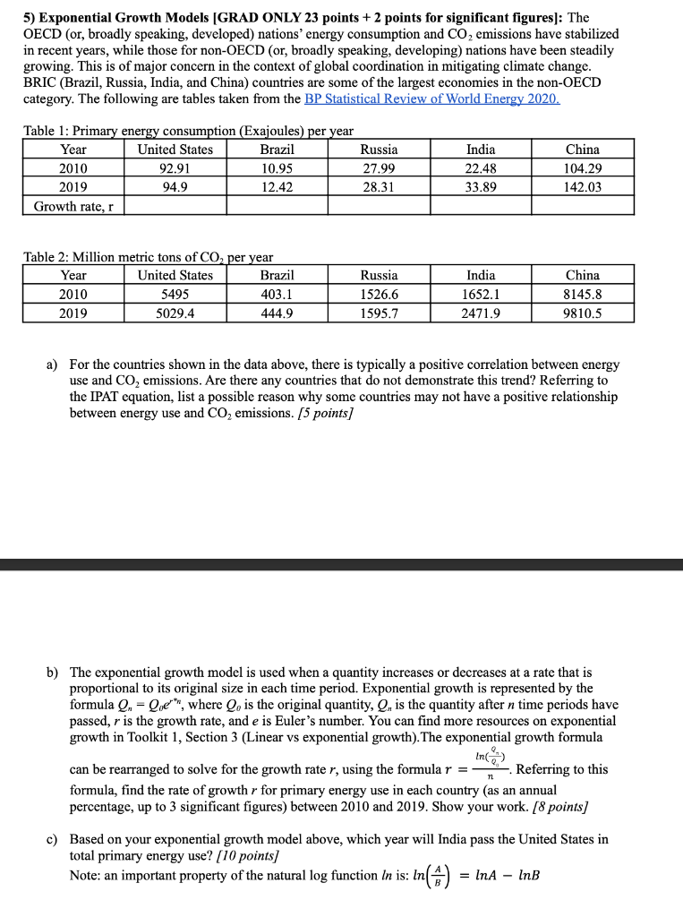 Solved 5) Exponential Growth Models (GRAD ONLY 23 points + 2 | Chegg.com
