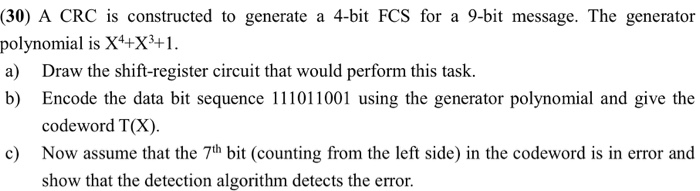 Solved (30) A CRC is constructed to generate a 4-bit FCS for | Chegg.com