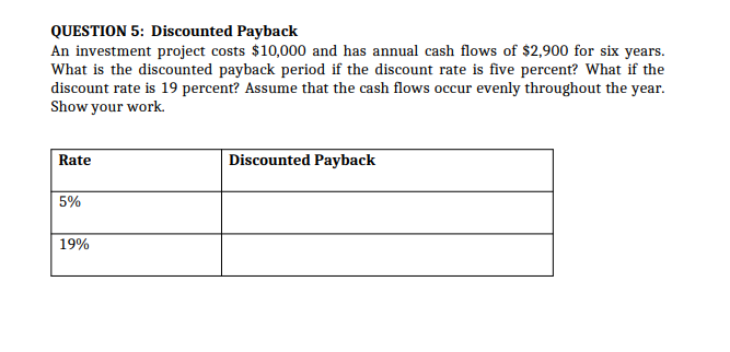 Solved QUESTION 5: Discounted Payback An investment project | Chegg.com