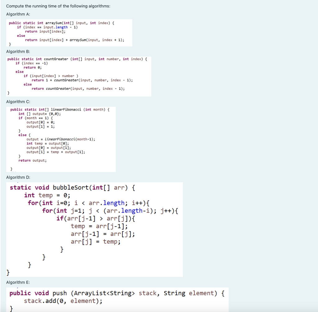 Solved Compute the running time of the following algorithms: | Chegg.com