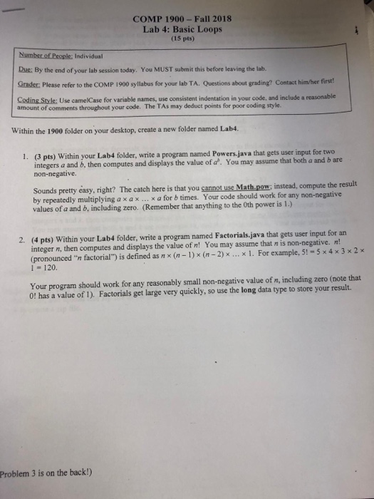 Solved COMP 1900-Fall 2018 Lab 4: Basic Loops (15 pts) | Chegg.com