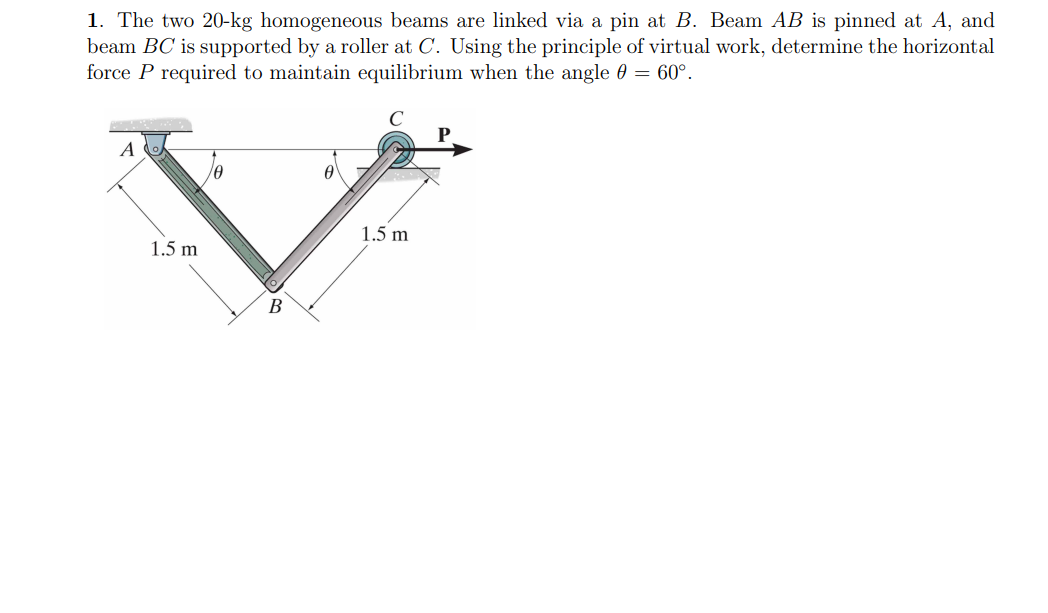 Solved 1. The two 20−kg homogeneous beams are linked via a | Chegg.com