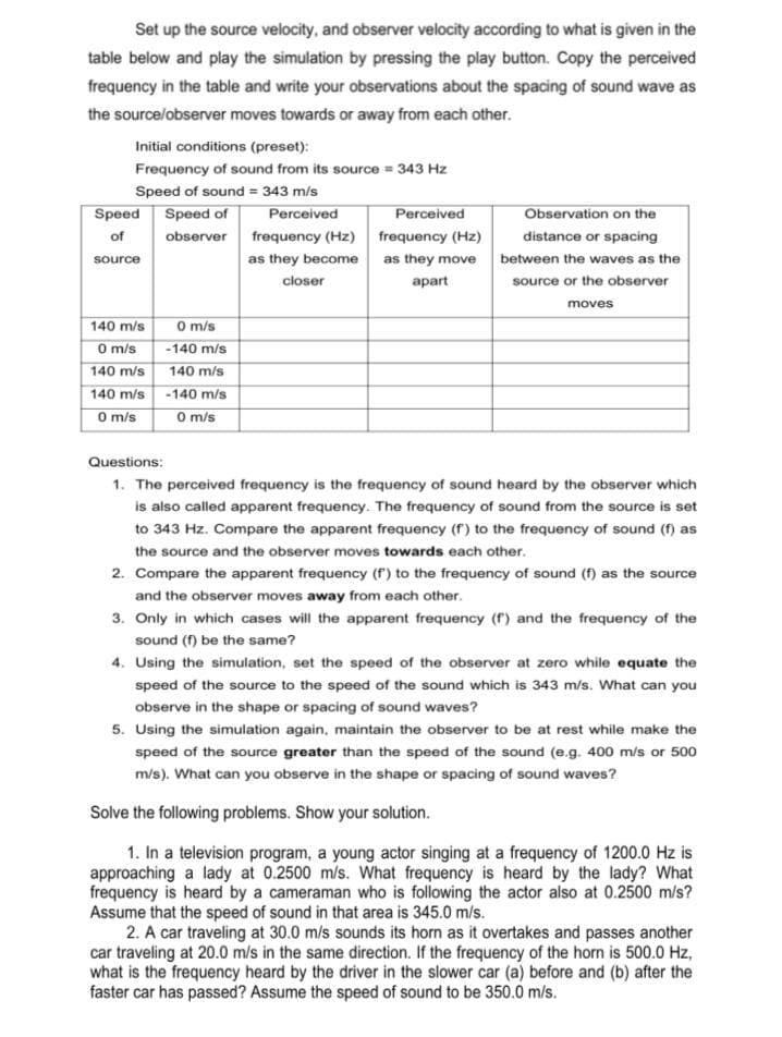 Solved Set up the source velocity, and observer velocity | Chegg.com
