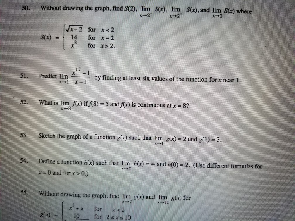 Solved 50. Without drawing the graph, find S(2), lim S(x), | Chegg.com