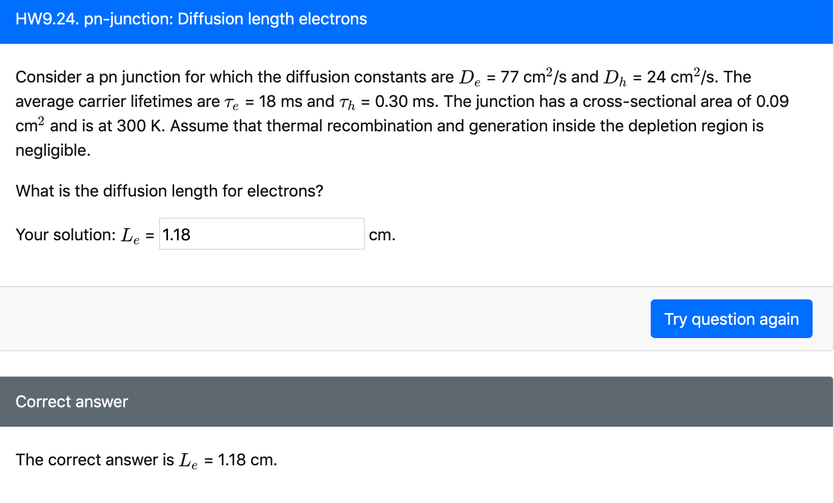 Solved HW9.24. pn-junction: Diffusion length electrons | Chegg.com
