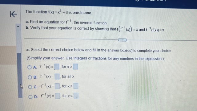 Solved The function f(x)=x3-8 ﻿is one-to-one.a. ﻿Find an | Chegg.com