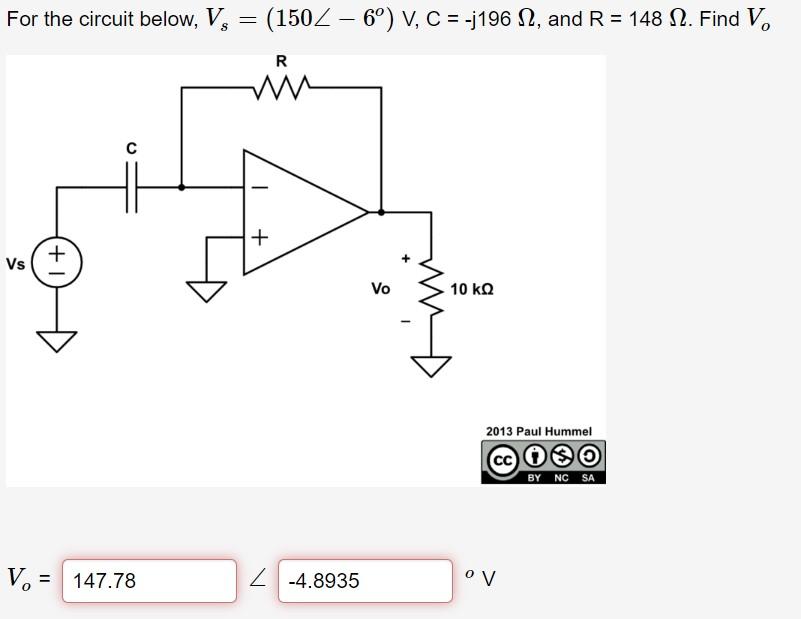 Solved For the circuit below, Vs=(150∠−6∘)V,C=−j196Ω, and | Chegg.com