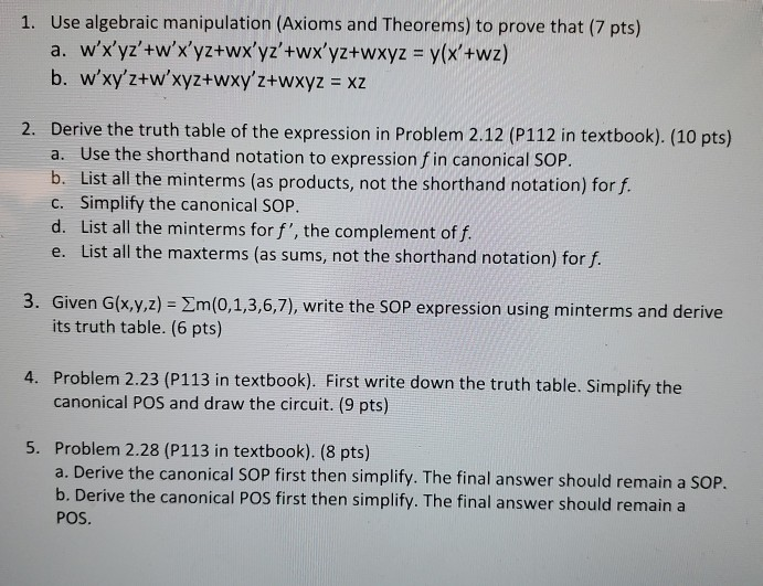 Solved 1. Use algebraic manipulation (Axioms and Theorems) | Chegg.com