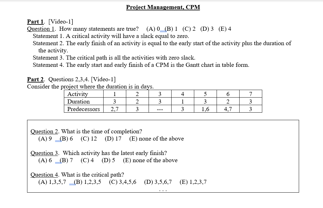 Solved Project Management, CPM Part 1. [Video-1] Question 1. | Chegg.com