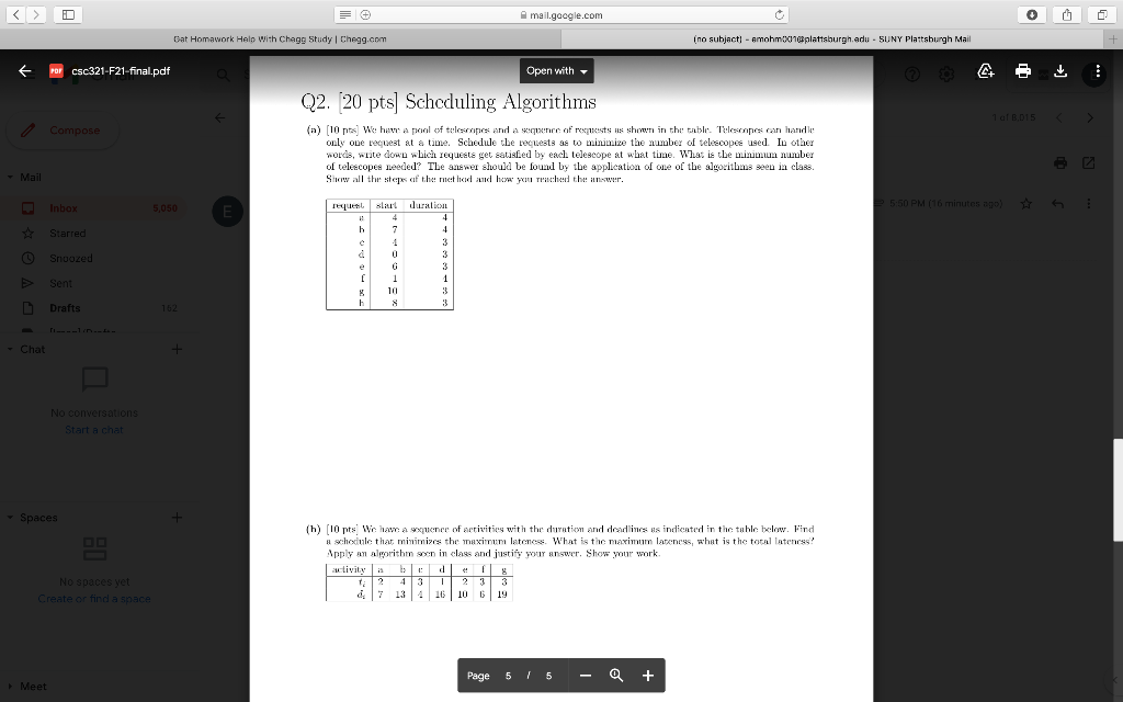 Solved Q2. (20 pts] Scheduling Algorithms la) |10 ptal | Chegg.com