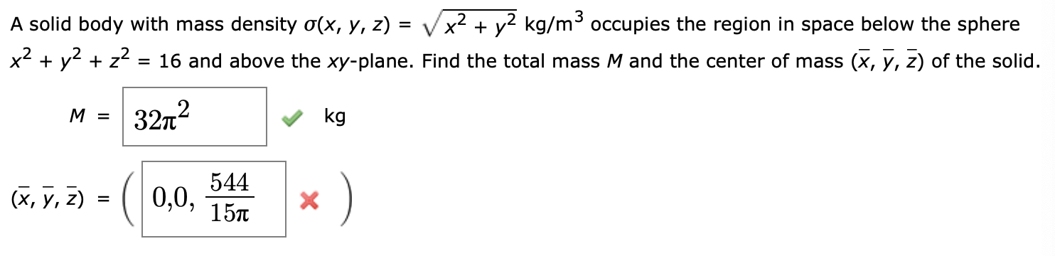 A solid body with mass density o(x, y, z) = x2 + y2 | Chegg.com