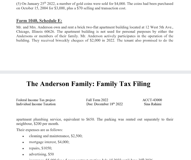The Anderson Family: Family Tax Filing Federal Income | Chegg.com