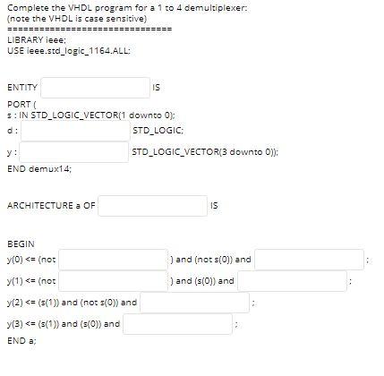 Solved Complete the VHDL program for a 1 to 4 demultiplexer: | Chegg.com