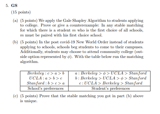 Solved 5. GS (15 points) (a) (5 points) We apply the Gale | Chegg.com