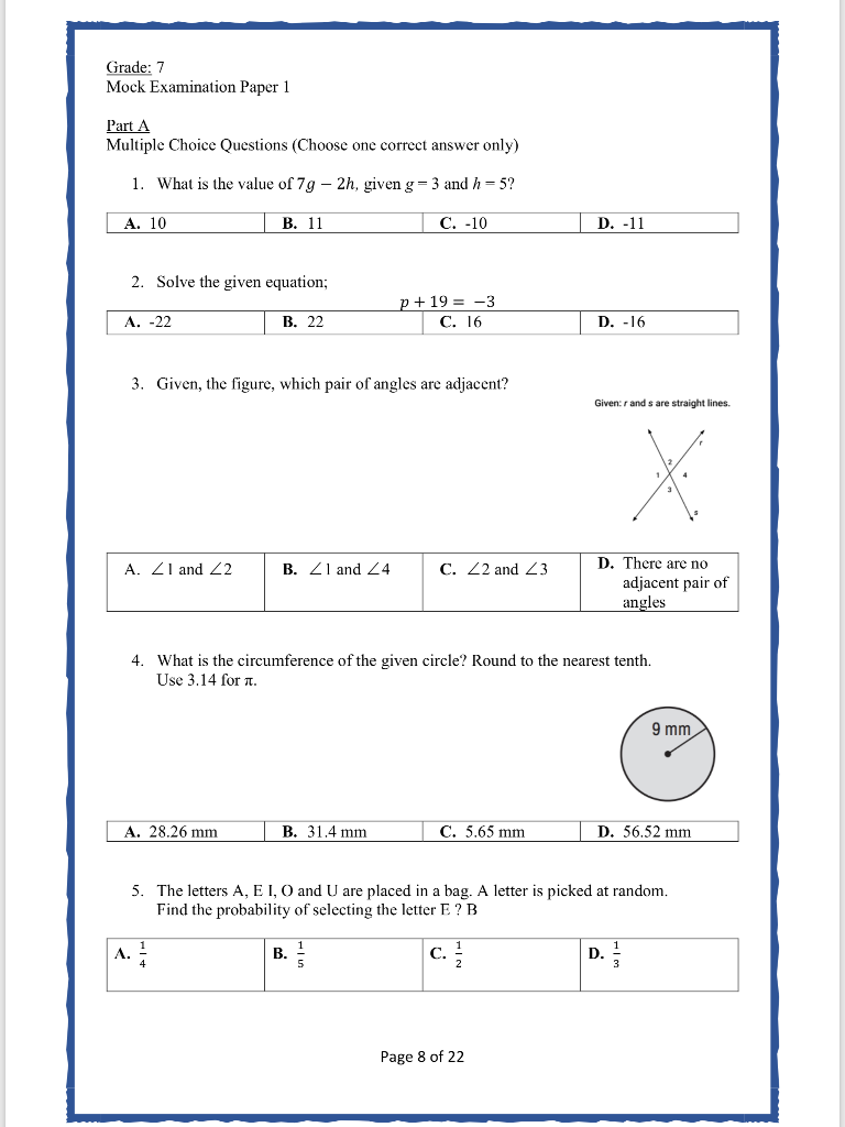Solved Grade: 7 Mock Examination Paper 1 Part A Multiple | Chegg.com