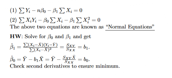 (1) ∑Yi−nβ0−β1∑Xi=0 (2) ∑XiYi−β0∑Xi−β1∑Xi2=0 The | Chegg.com