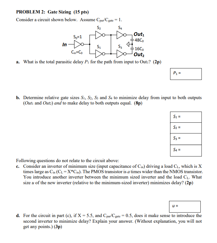 PROBLEM 2: Gate Sizing (15 pts) Consider a circuit | Chegg.com