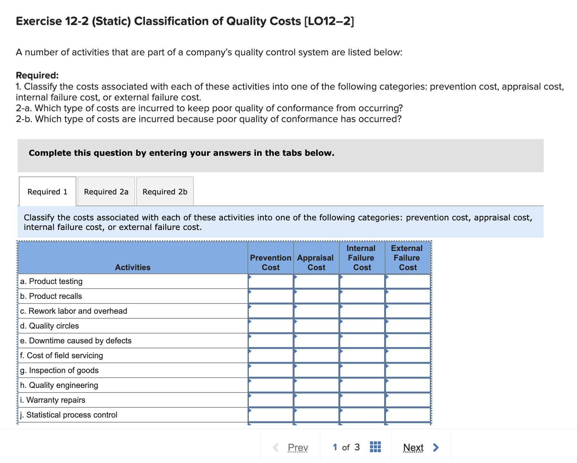Solved Exercise 12-2 (Static) Classification of Quality | Chegg.com