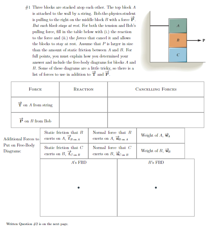 Solved \#1 Three blocks are stacked atop each other. The top | Chegg.com