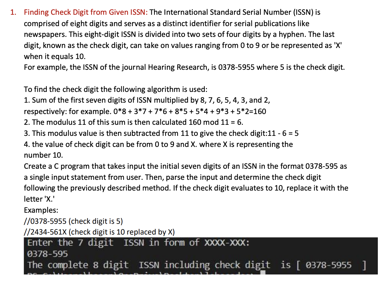 Solved Finding Check Digit from Given ISSN: The | Chegg.com