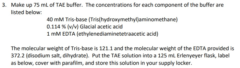 Solved How many mL of each component of the TAE buffer is | Chegg.com