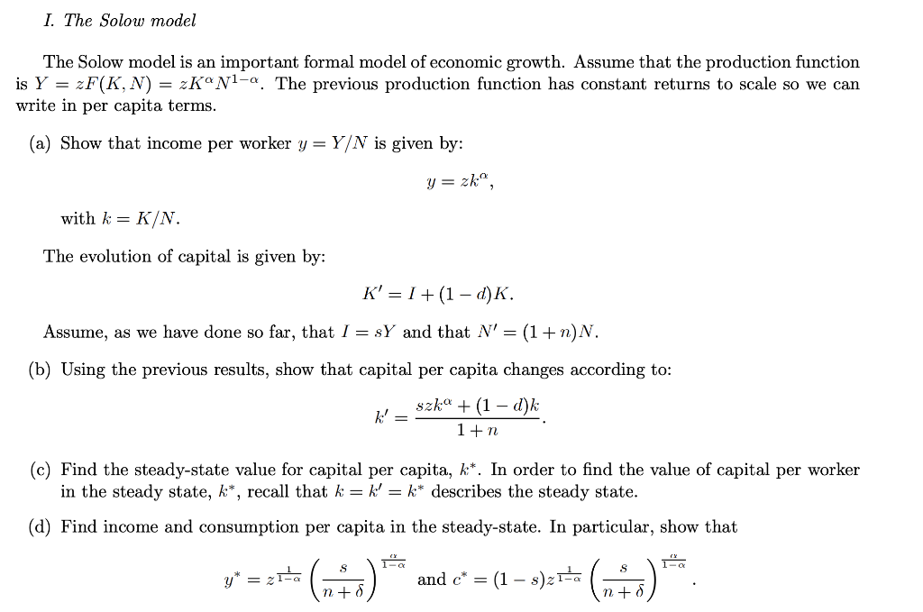 Solved I. The Solow model important formal model of economic | Chegg.com