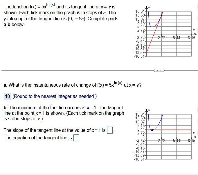 Solved The function f(x)=5xln(x) and its tangent line at x=e | Chegg.com