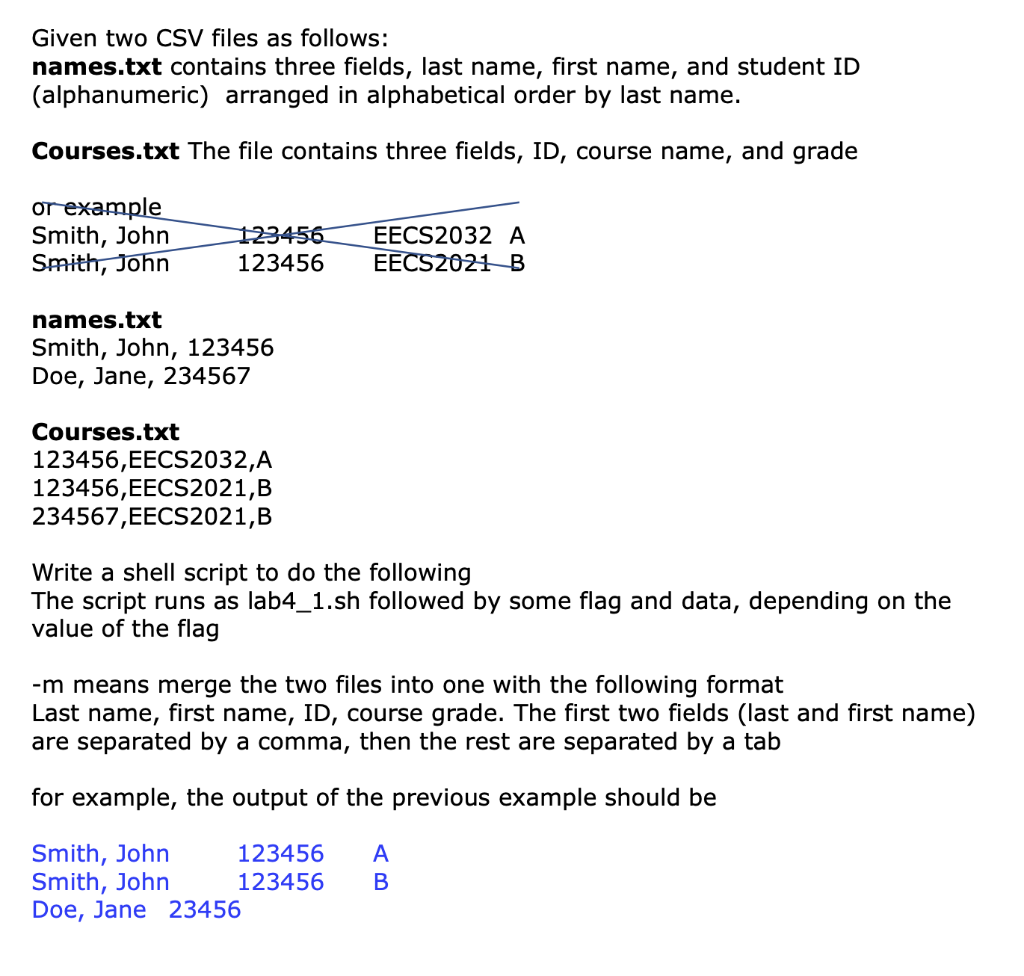Solved Given two CSV files as follows: names.txt contains | Chegg.com