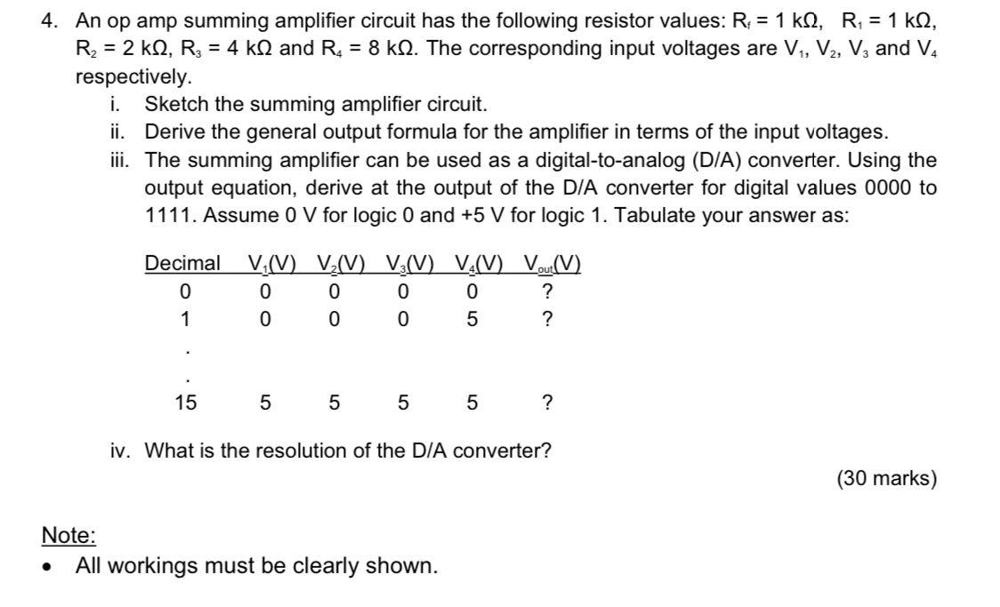Solved 4. An op amp summing amplifier circuit has the | Chegg.com