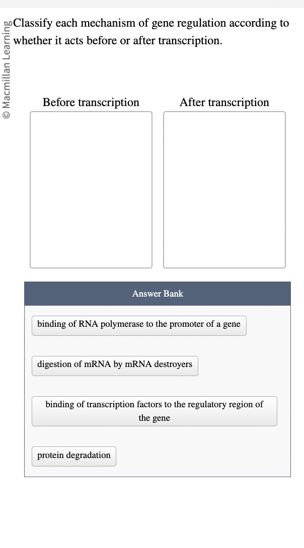 Solved Classify each mechanism of gene regulation according | Chegg.com