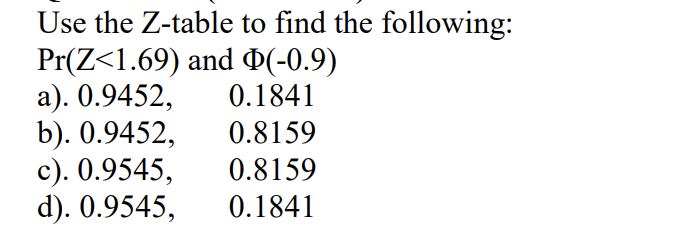 Solved Use the Z-table to find the following: Pr(Z