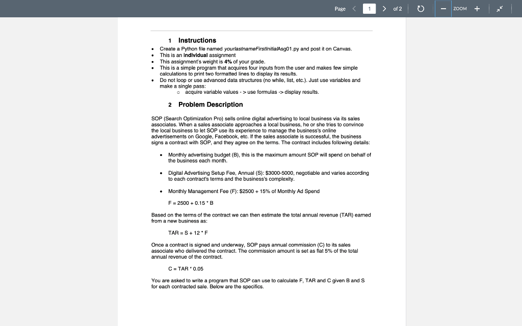Solved Page of 2 ZOOM 1 Instructions Create a Python | Chegg.com