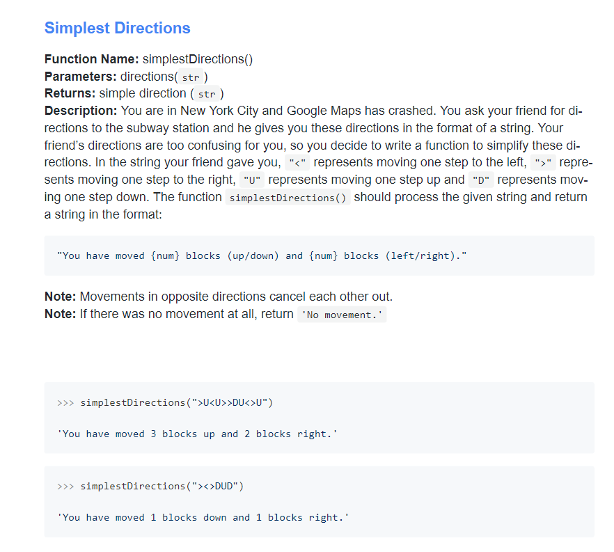 Solved Simplest Directions Function Name: | Chegg.com